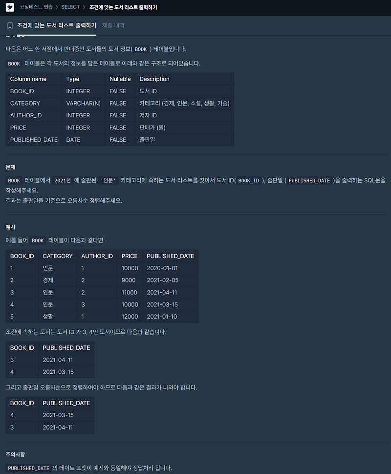 [프로그래머스 SQL] Lv. 1 조거에 맞는 도서 리스트 출력하기