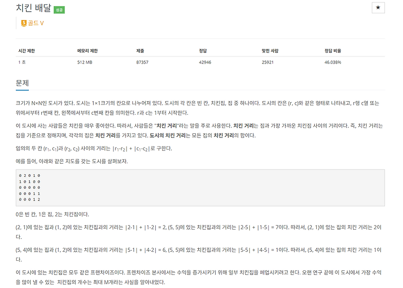 [백준 15686번 / Java] BOJ 15686 : 치킨 배달(DFS) :: 개발 공부기록