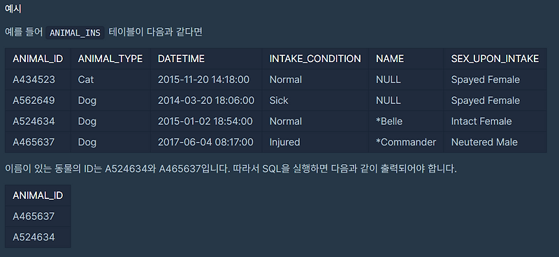 [MySQL] Lv.1 이름이 있는 동물의 아이디 — 닿망징창 여정