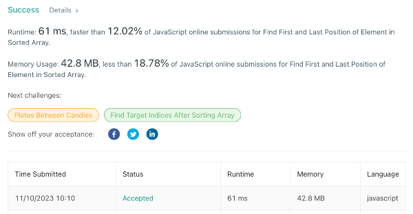[leetCode] 34. Find First and Last Position of Element in Sorted Array - Javascript — Ming devlog