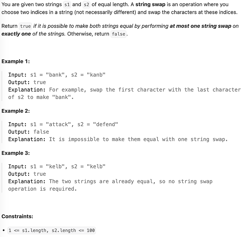 [LeetCode] 1790. Check if One String Swap Can Make Strings Equal (Python)