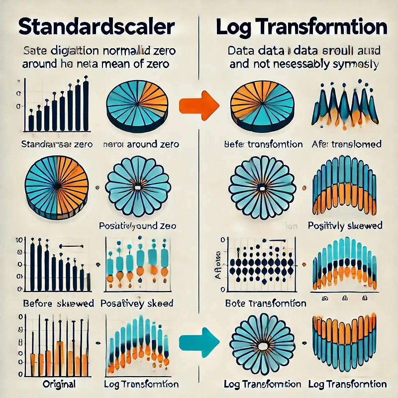 StandardScaler(z-score 정규화)와 Log Transformation(로그 변환) 사이에서 정규분포화의 관계