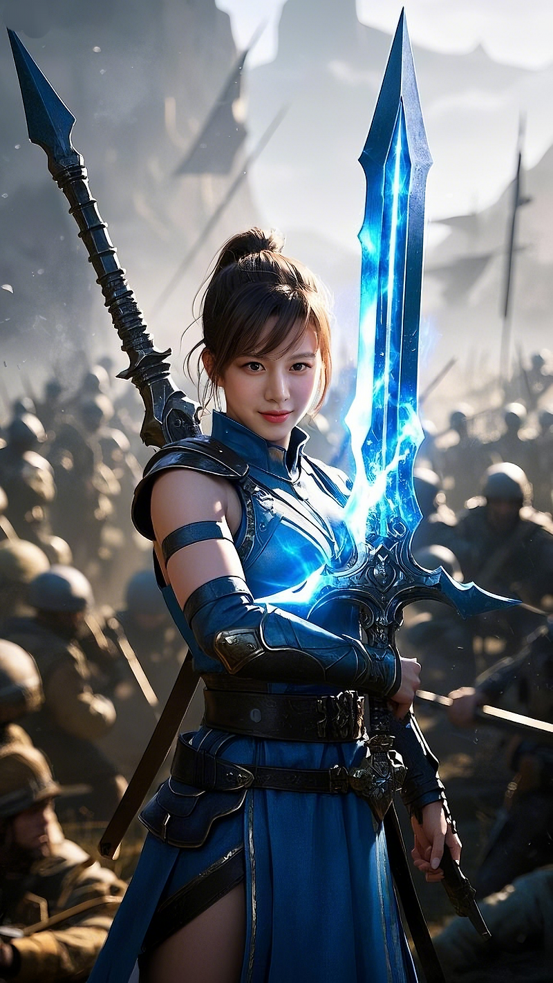 A fierce warrior in blue armor wields a glowing blue sword surrounded ...