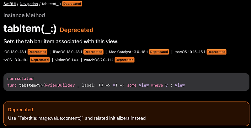 [SwiftUI] Deprecated된 tabItem(_:)을 대신하여 Tab()을 사용할 수 있다