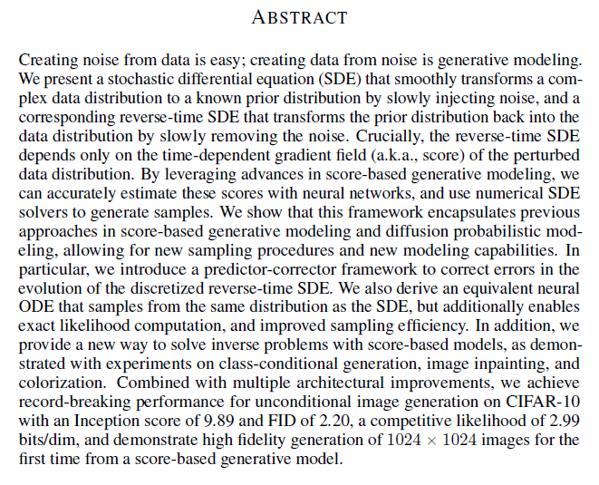 Score-Based Generative Modeling Through Stochastic Diffrential Equations