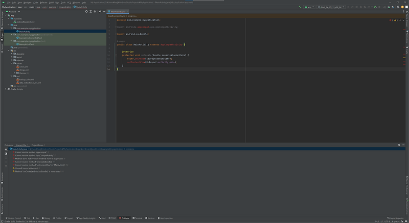 안드로이드 스튜디오 MainActivity.java 빨간 밑 줄 or syntax error 해결