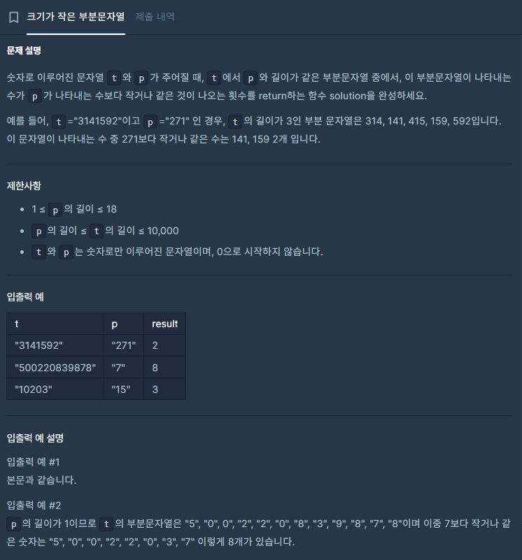[Programmers Lv.1 / Java] 크기가 작은 부분문자열 :: 개발 공부기록