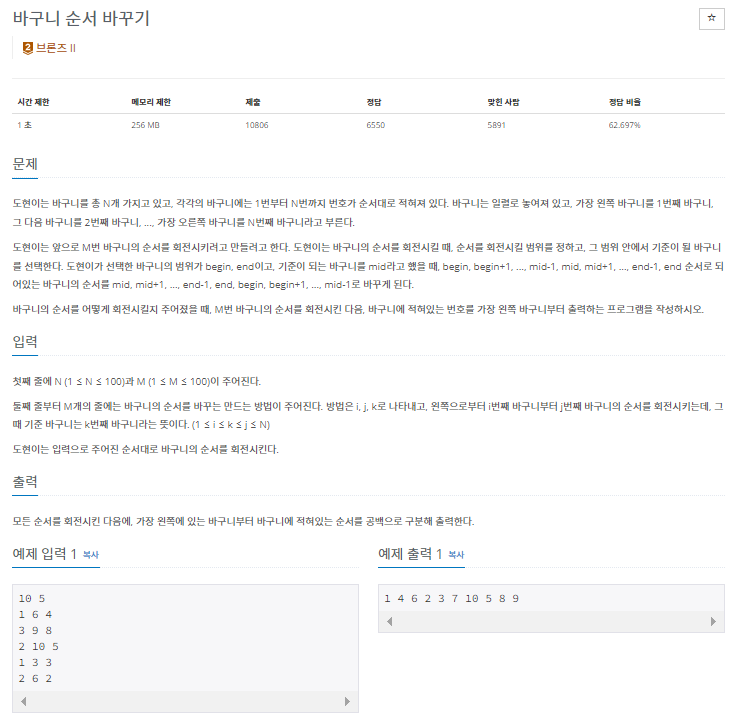 [Backjoon] 10812번 바구니 순서 바꾸기 Java 문제 풀이
