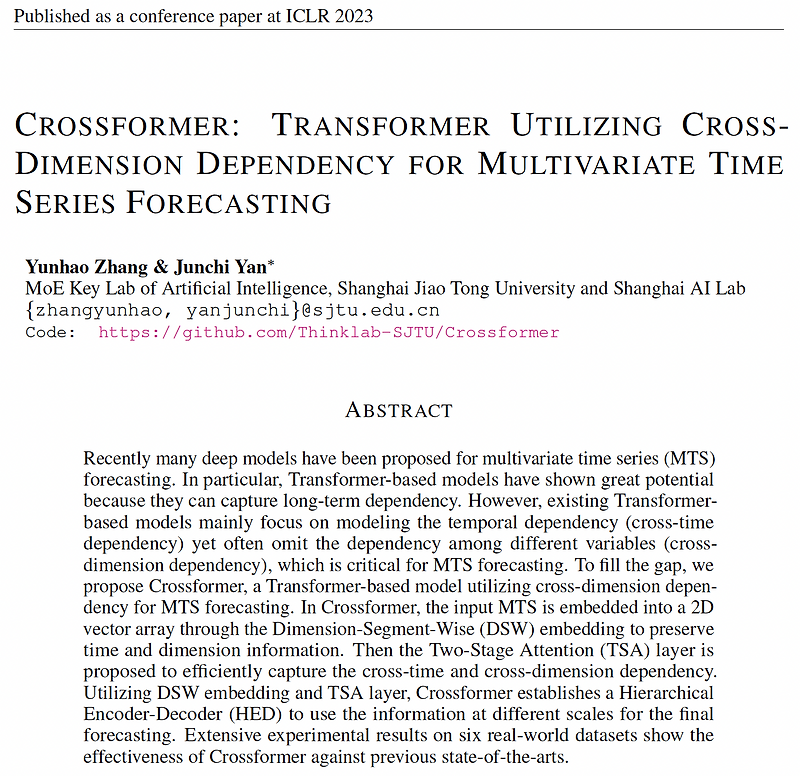 [ICLR 2023] CROSSFORMER: Transformer Utilizing Cross-Dimension Dependency for Multivariate Time ...