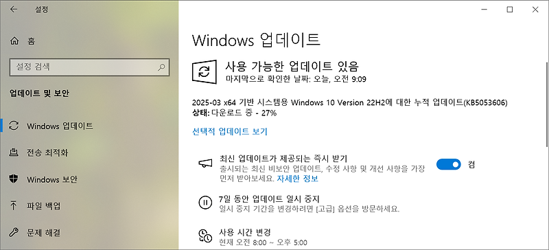 2025년 3월 11일자 KB5053606 윈도우 10 보안 업데이트 안내