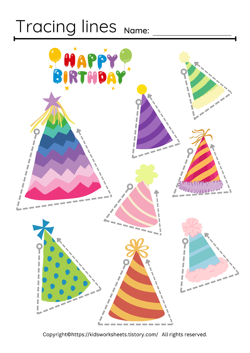 선긋기 활동지 삼각형 Tracing lines - Party hats