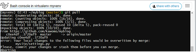 pythonanywhere/Django/git pull error :: 오늘의 질문