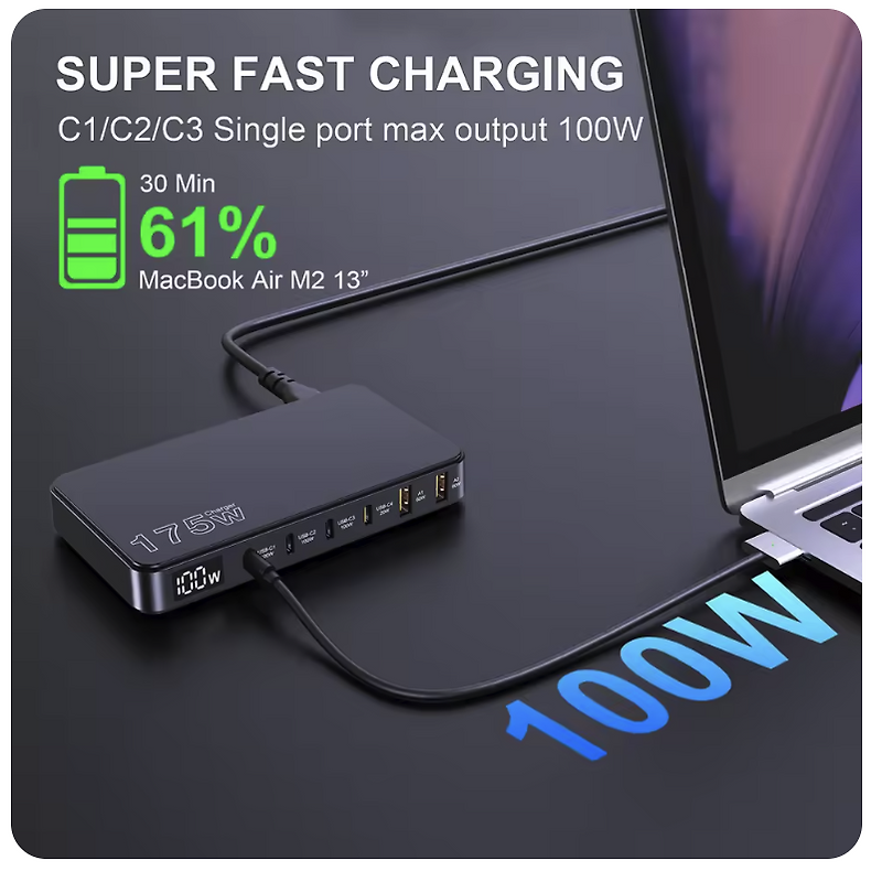 맥북 삼성 아이폰용 Ueetop 175W GaN USB C 충전기 LED 디스플레이 6포트 데스크탑 충전기 타입 C PD 100W PPS 45W 고속 충전