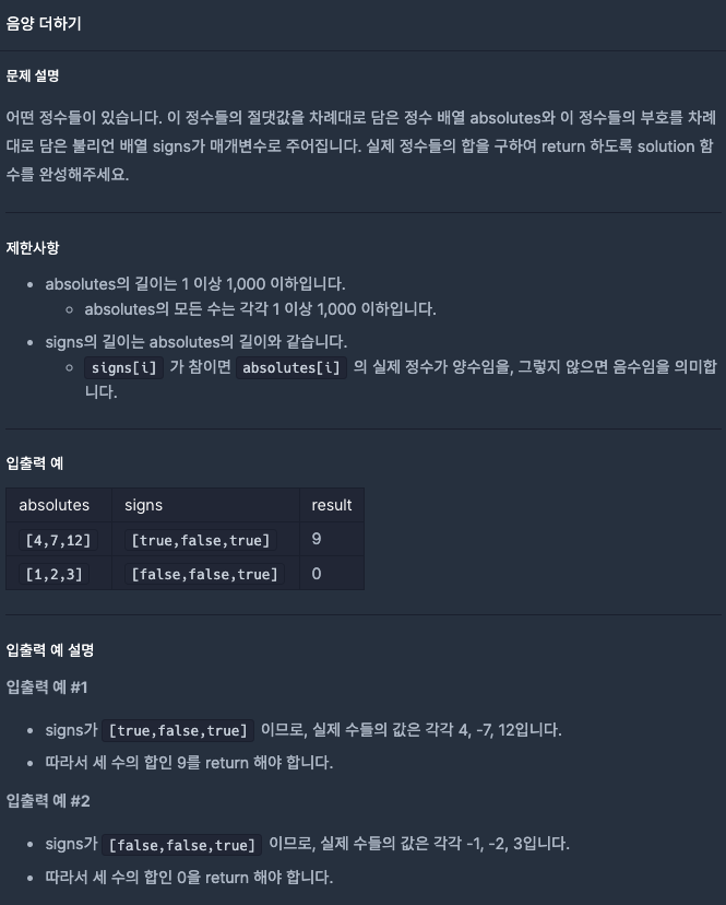 [Swift 알고리즘] - 음양 더하기 (Programmers)