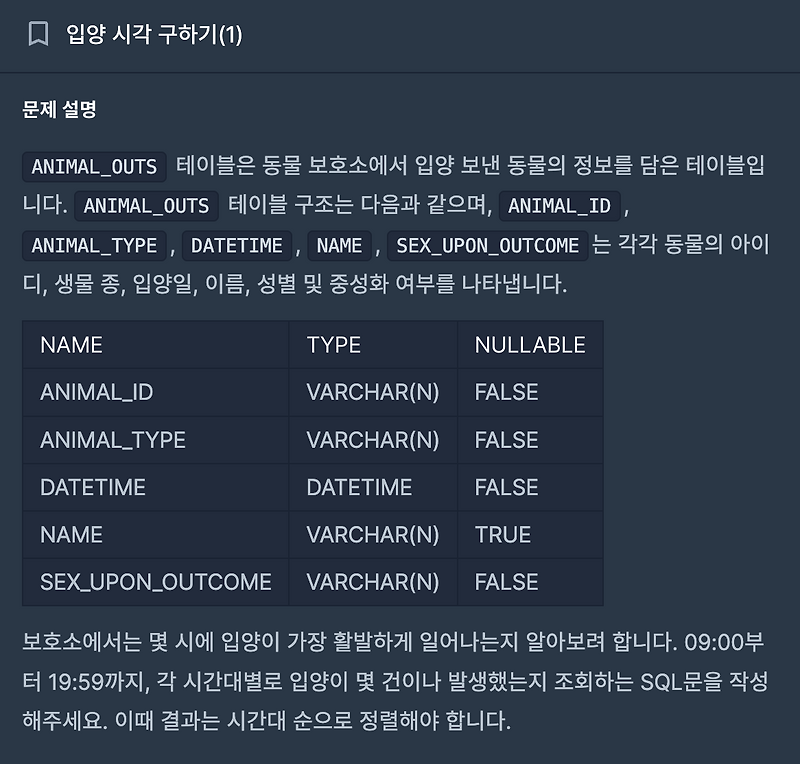 [Programmers] MySQL 입양시각 구하기