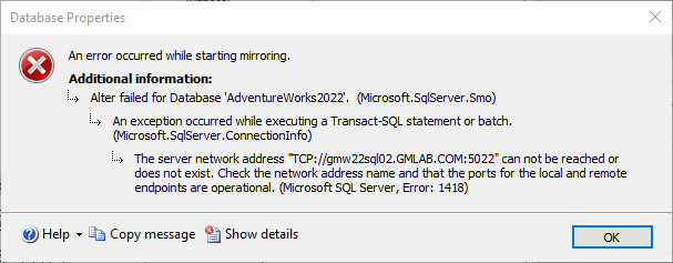 MS SQL Server Mirroring 구성 중 오류 Error: 1418