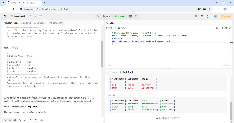 SQL 3일차_LEETCODE. 175. Combine Two Tables