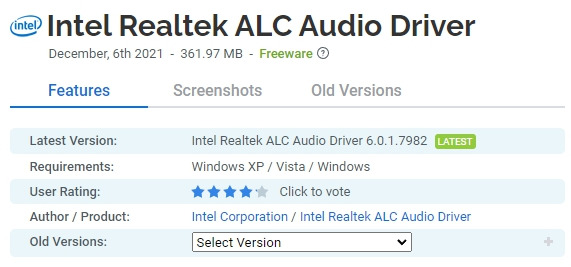 Intel Realtek ALC Audio Driver 무료 다운로드