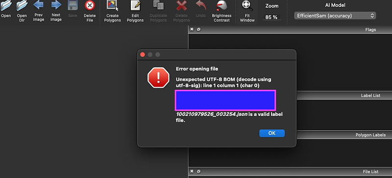Labelme 에러 Unexpected Utf 8 Bom Decode Using Utf 8 Sig Line 1 Column 1 Char 0 개발 이야기