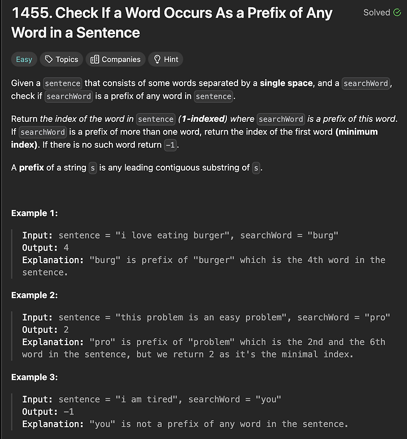 [LeetCode] 1455. Check If a Word Occurs As a Prefix of Any Word in a Sentence :: Jay's Develop Note