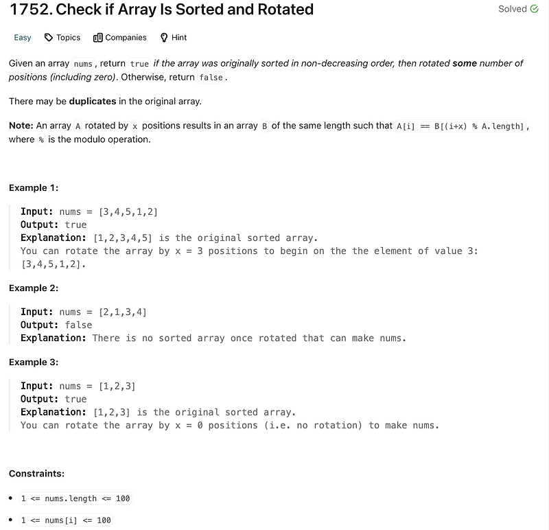 LeetCode [1752]: Check if Array Is Sorted and Rotated — 개발하는 장씨