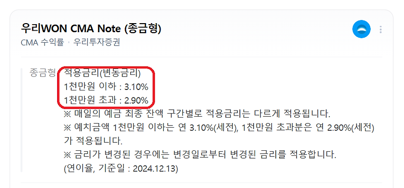 우리WON CMA NOTE 종금형 금리 수익률 정보 (예금자 보호 O, 2024.12.15 기준)