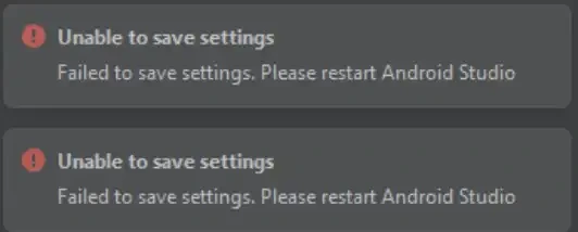 Android Studio freeze Unable to save settings error