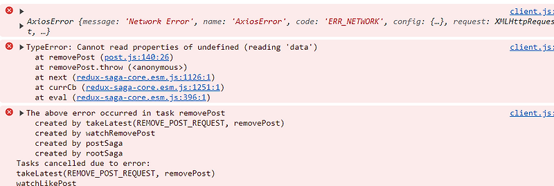 [Javascript] client.js:1 The above error occurred in task removePost Cannot read properties of ...