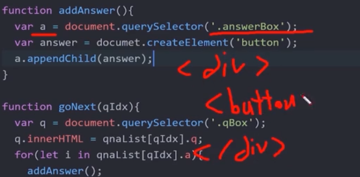 [자바스크립트] QnA 구현하기 innerHTML, createElement (+goNext, appendchild, for i in )
