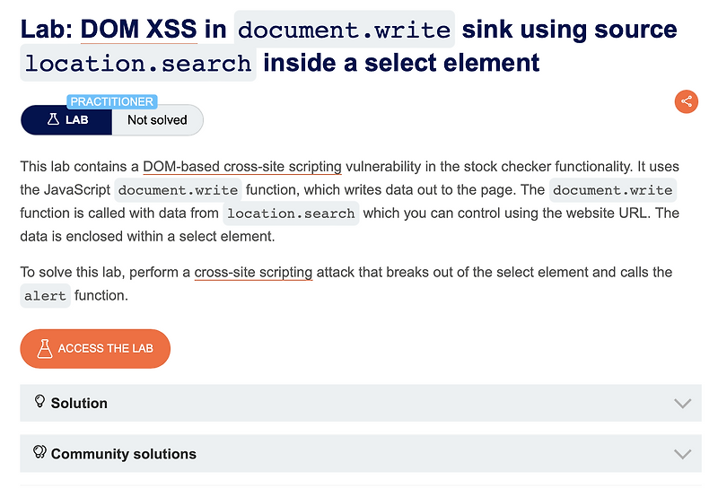 [PortSwigger]Lab: DOM XSS in document.write sink using source location.search inside a select ...