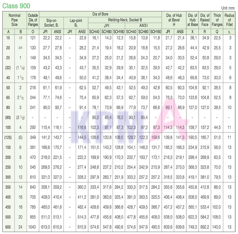 ASME, ANSI CLASS 900 플랜지 규격 [ANSI B 16.5]
