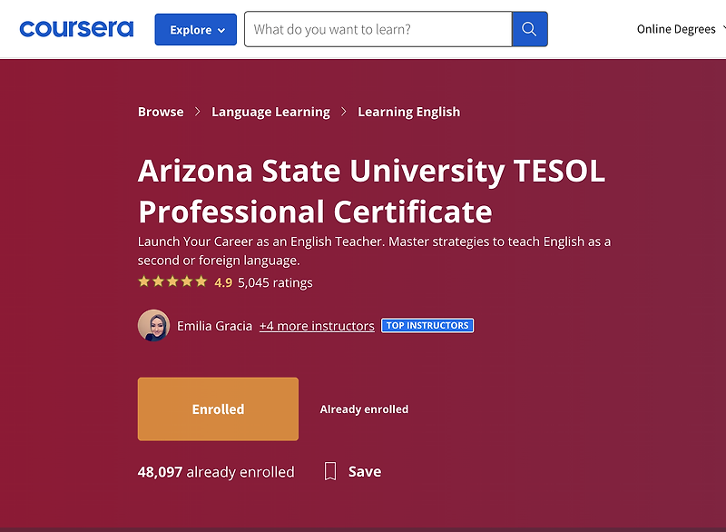 [TESOL] Coursera 코세라 ASU TESOL 테솔 Certificate 과정 수료 :: 3특, 12특 토플공부방