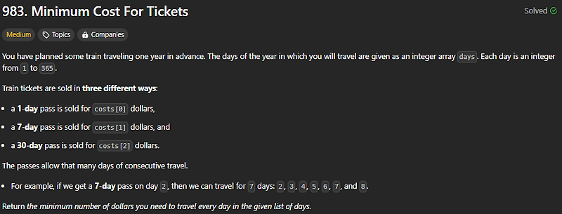 983. Minimum Cost For Tickets