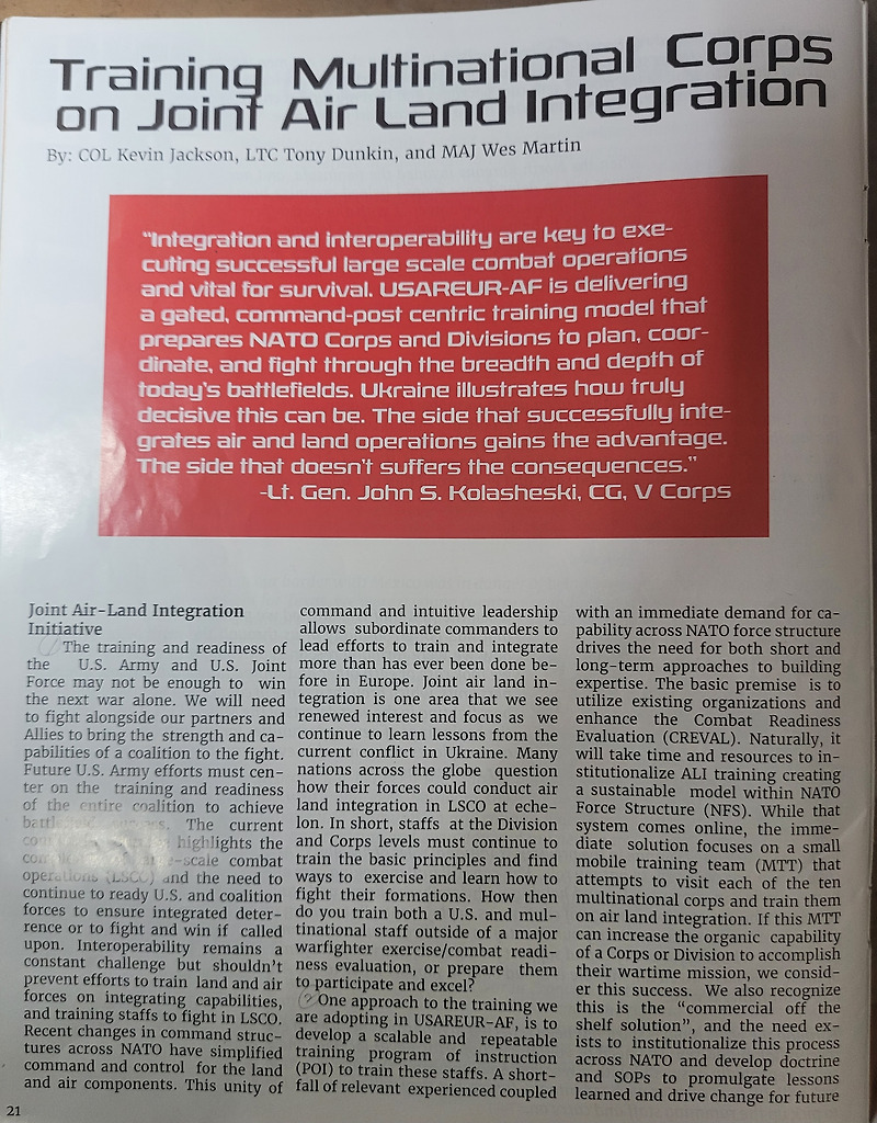 Training Multinational Corps on Joint Air Land Integration (다국적군단의 합동공지 ...