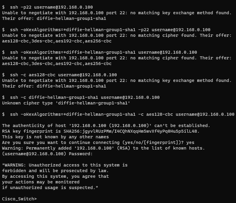 cisco ssh 로그인할 때 에러 해결, Unable to negotiate, no matching key exchange method found, no matching ...
