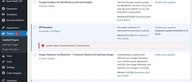 워드프레스 GP Premium 업데이트 실패: Update failed: Download failed. Unauthorized