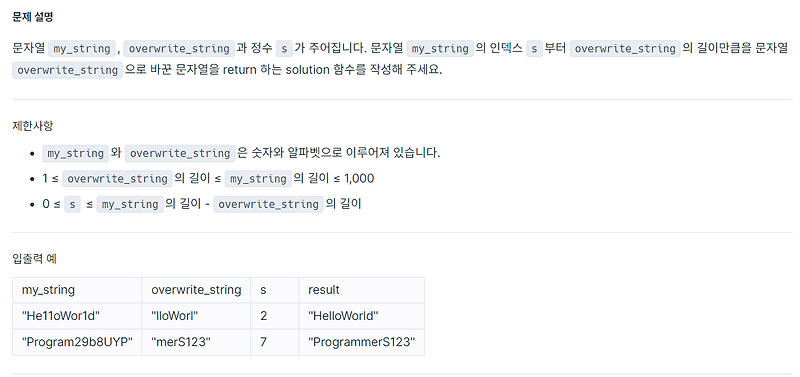 [프로그래머스 : 코딩 기초 트레이닝]Lv0. 문자열 겹쳐쓰기(JavaScript)