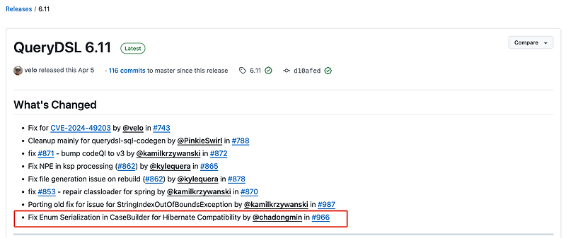 QueryDsl 6.11 의 컨트리뷰터가 되다. (Hibernate 6 + Querydsl CASE문 Enum 호환성 이슈 해결한 썰)