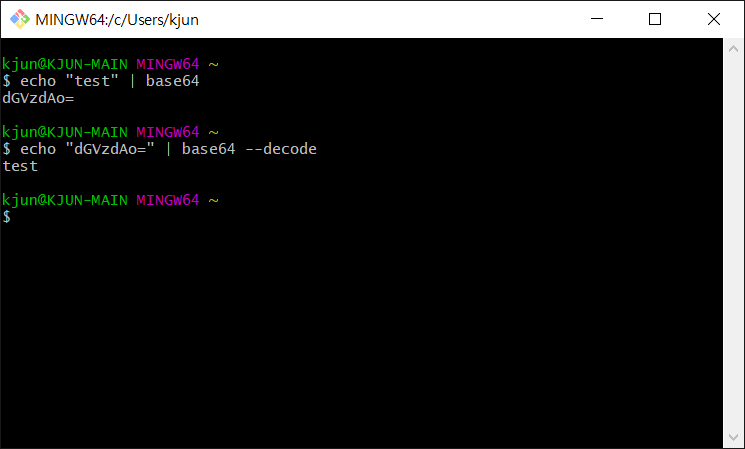 kjun.kr (kjcoder.tistory.com) :: Git Bash 로 간단히 base64 로 encode / decode 하기