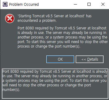 [Tomcat_Error]30초 안에 해결하는 'Starting Tomcat v8.5 Sever at localhost' has encountered a problem ...