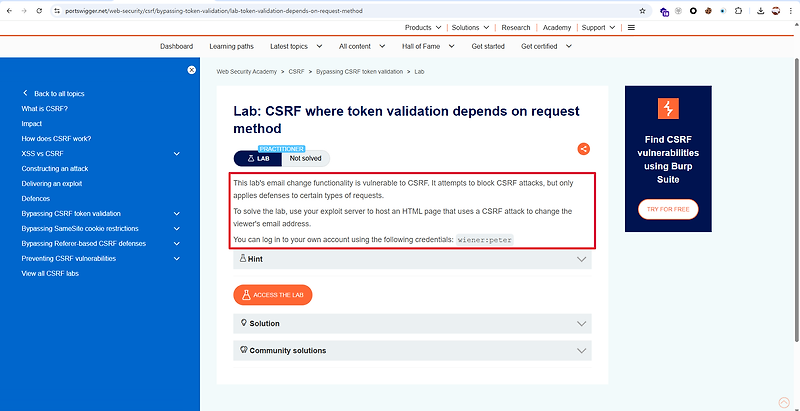 Lab: CSRF where token validation depends on request method 문제 풀이(WriteUp)