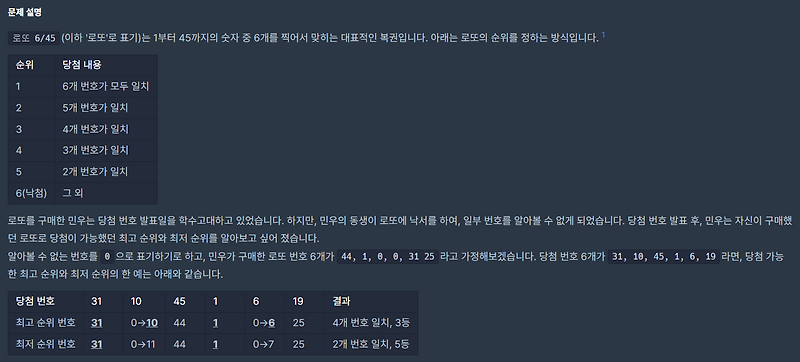 [프로그래머스 lv.1] 2021 Dev-Matching: 웹 백엔드 개발자(상반기) 로또의 최고 순위와 최저 순위