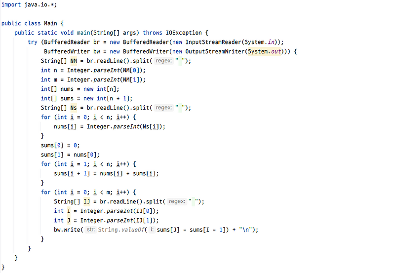 백준 11659 - 구간 합 구하기4(JAVA)