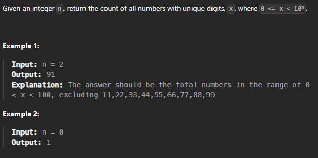 LeetCode : 357. Count Numbers with Unique Digits
