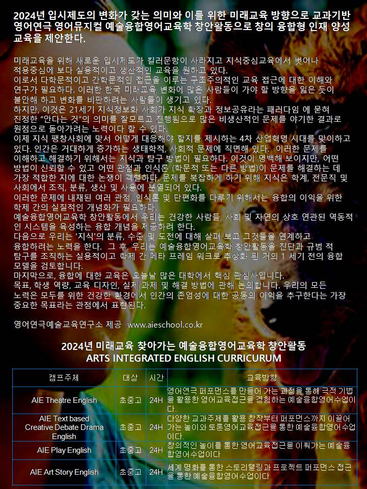 2024년 입시제도의 변화가 갖는 의미와 이를 위한 미래교육 방향으로 교과기반 영어연극 영어뮤지컬 예술융합영어교육학 창안활동으로 창의 융합형 인재 양성 교육을 제안한다