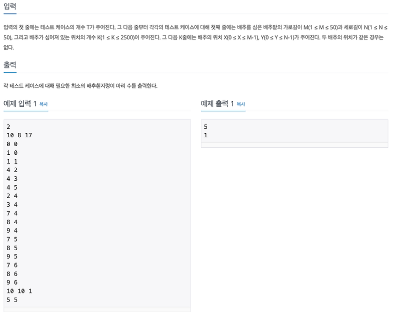 [백준] CLASS3 1012 유기농 배추 - JAVA [자바]