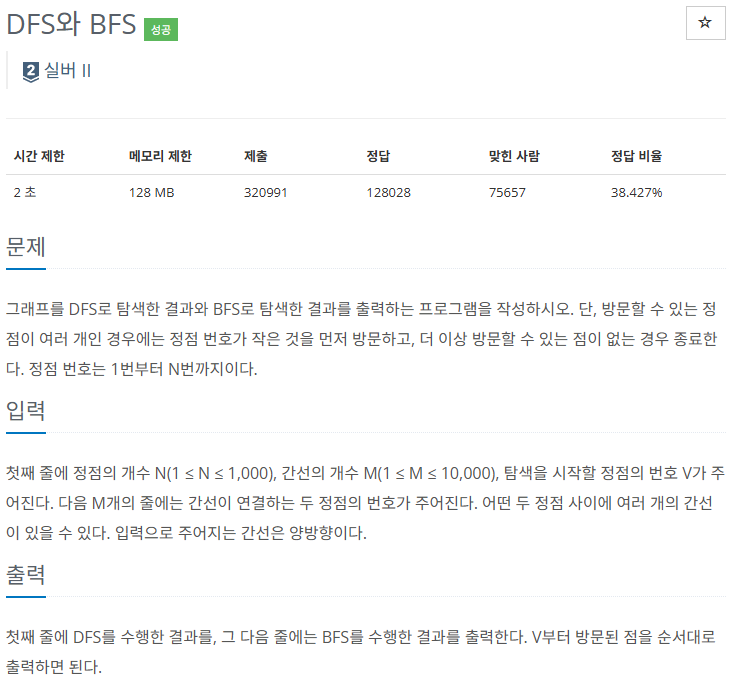 [백준 1260] Java - dfs, bfs / 가능한 작은 정점 방문하는 경우