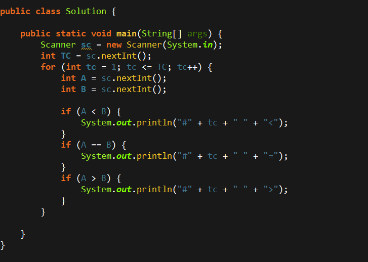 [ SWEA_D1 ] 2070. 큰 놈, 작은 놈, 같은 놈 _ JAVA 문제풀이