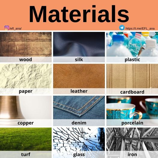 All these words refer to different types of materials in English.