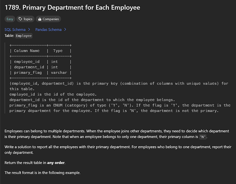 [MySQL][Leet Code] 1789. Primary Department for Each Employee (Easy)